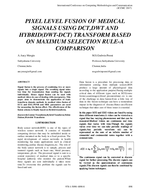 Pdf Pixel Level Fusion Of Medical Signals Using Dctdwt And Hybriddwt Dct Transform Based On