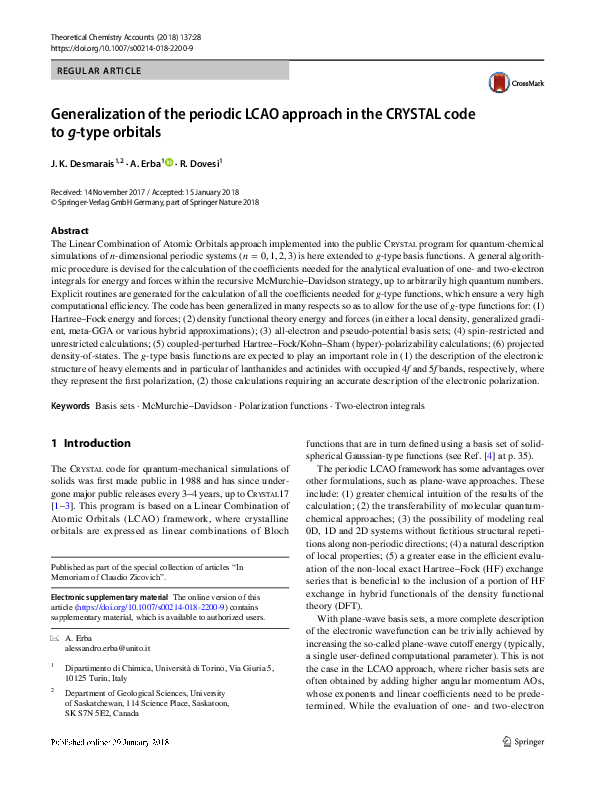(PDF) Generalization of the periodic LCAO approach in the CRYSTAL code ...