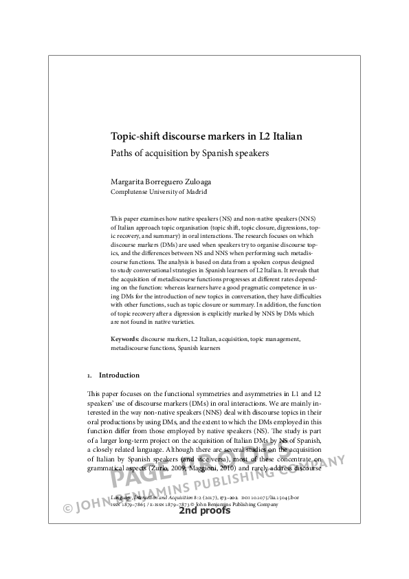 (PDF) Topic-shift discourse markers in L2 Italian: paths of acquisition ...