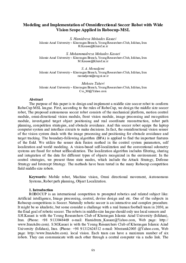 Pdf Modeling And Implementation Of Omnidirectional Soccer Robot With Wide Vision Scope Applied