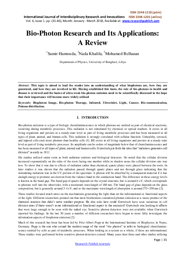 (PDF) Bio-Photon Research and Its Applications: A Reviewio Photon Research