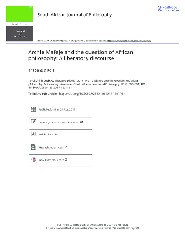 (PDF) Archie Mafeje and the question of African philosophy: A ...