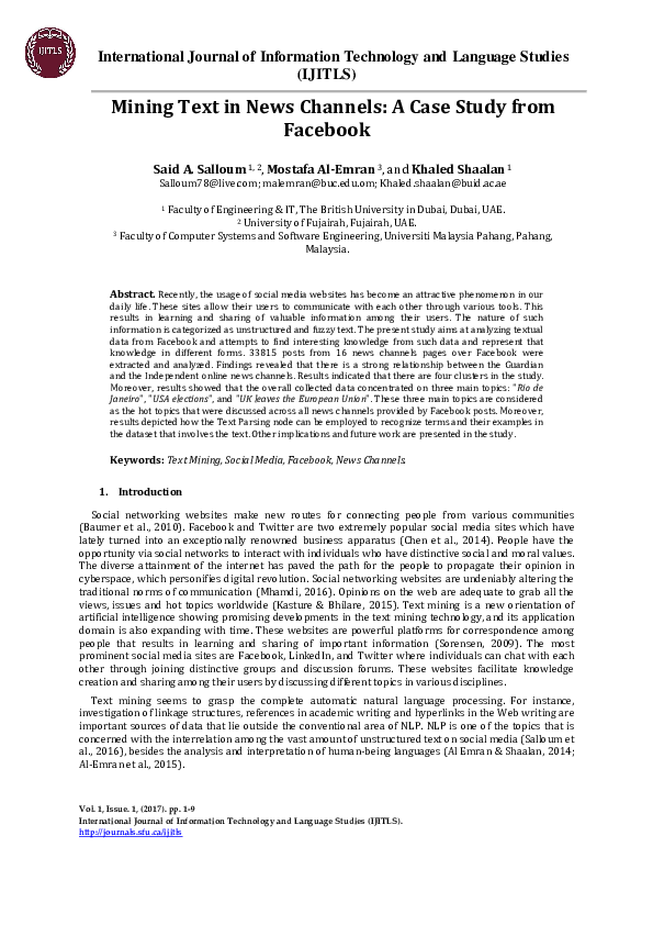 (PDF) Mining Text in News Channels: A Case Study from Facebook