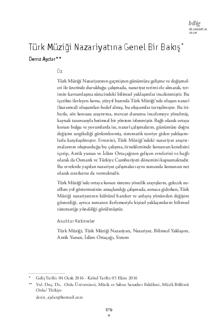 (PDF) Türk Müziği Nazariyatına Genel Bir Bakış / Deniz Aydar / bilig 84 ...