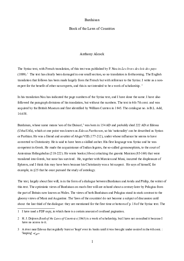 (PDF) Bardaisan Book of the Laws of Countries