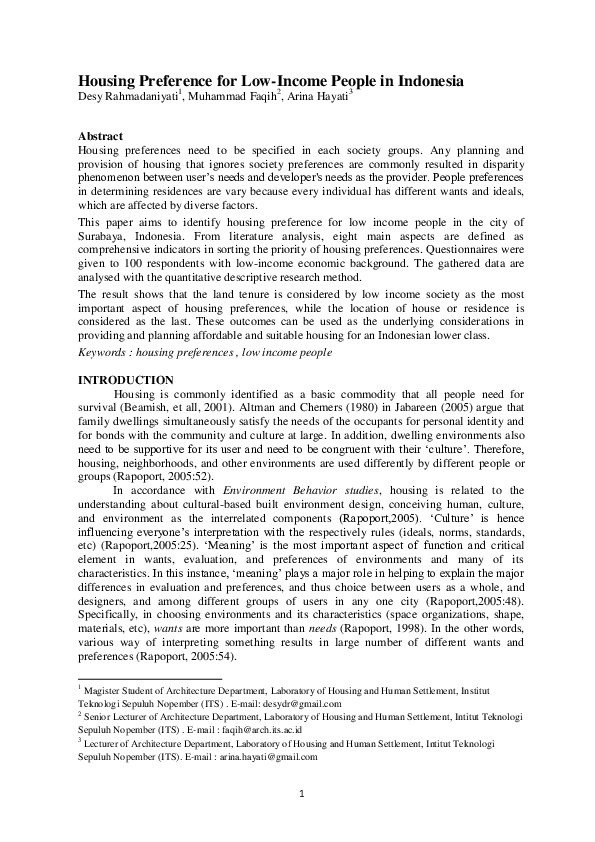 (PDF) Housing Preference for Low-Income People in Indonesia