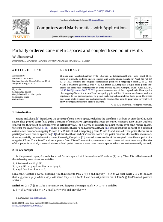 (PDF) Partially ordered cone metric spaces and coupled fixed point results