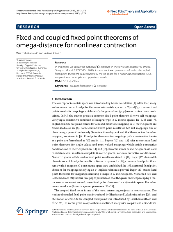 (PDF) Fixed and coupled fixed point theorems of omega-distance for nonlinear contraction | W ...