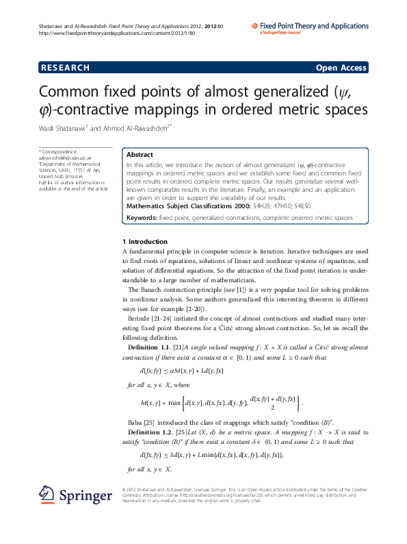 (PDF) Common fıxed points of almost generalized (ψ, ϕ)-contractive mappings in ordered metric spaces