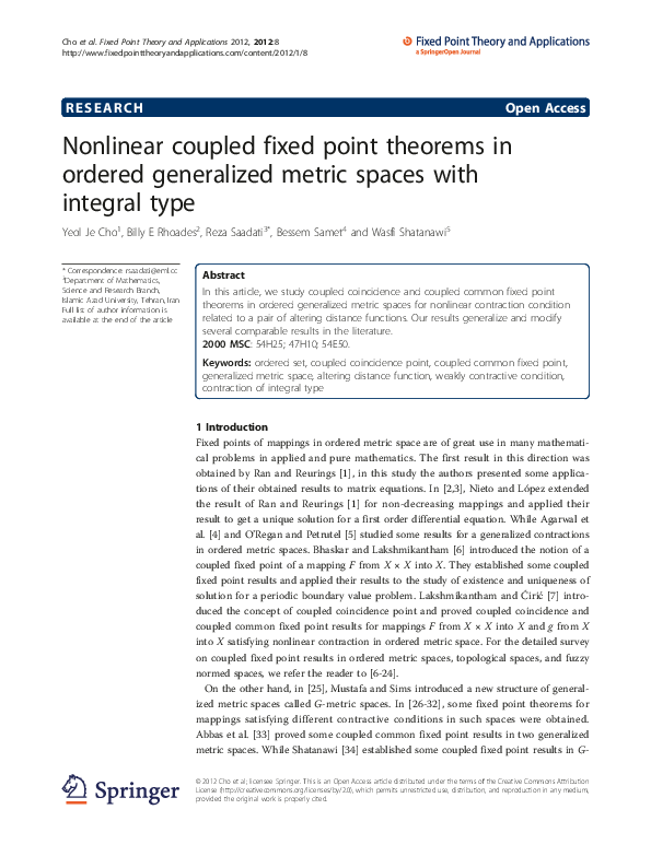 Pdf Nonlinear Coupled Fixed Point Theorems In Ordered Generalized Metric Spaces With Integral Type