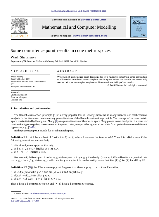 Pdf Some Coincidence Point Results In Cone Metric Spaces