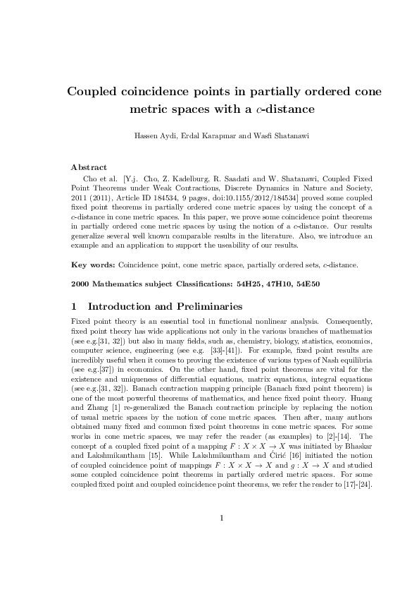 Pdf Coupled Coincidence Points In Partially Ordered Cone Metric Spaces With A C Distance