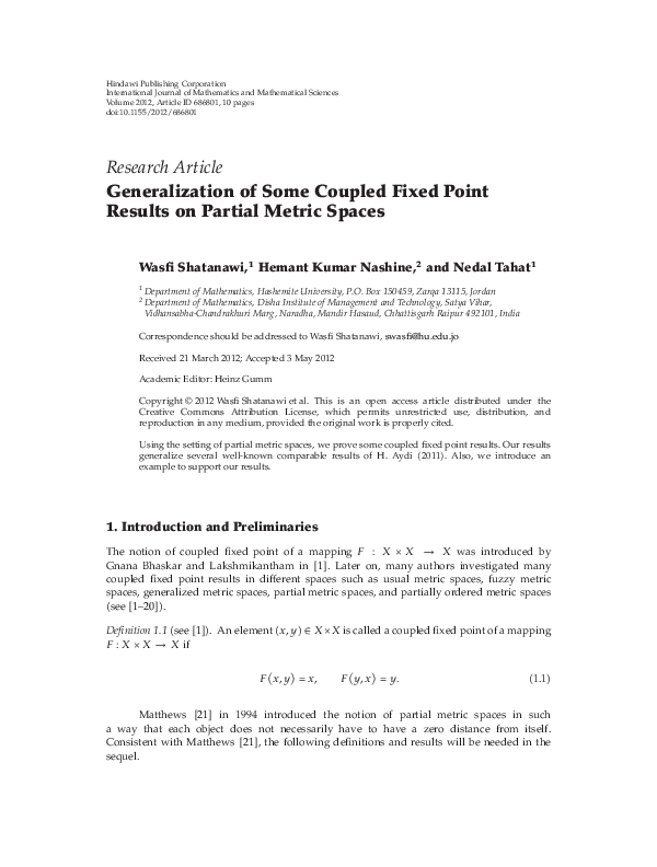 Pdf Generalization Of Some Coupled Fixed Point Results On Partial Metric Spaces W Shatanawi