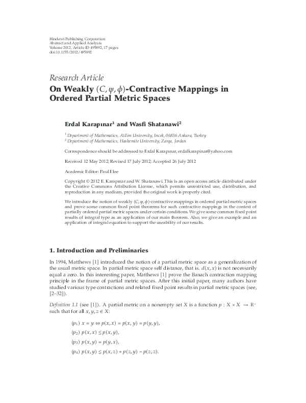 (PDF) On Weakly (𝐶,𝜓,𝜙)-Contractive Mappings in Ordered Partial Metric Spaces