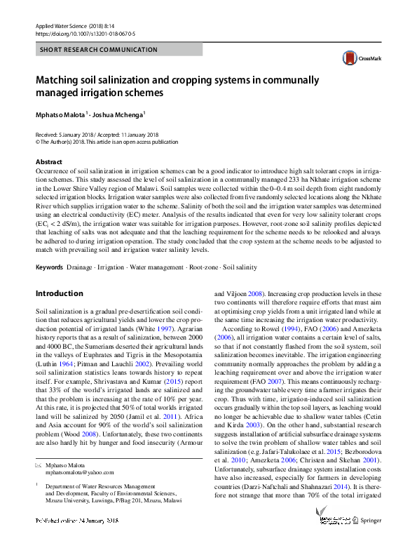 (PDF) Matching soil salinization and cropping systems in communally managed irrigation schemes