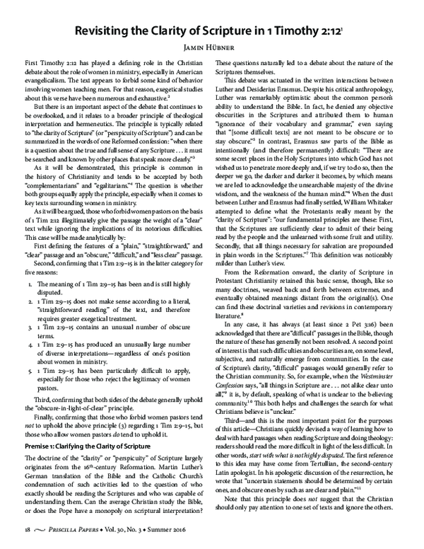 (PDF) Revisiting the Clarity of Scripture in 1 Timothy 2:12