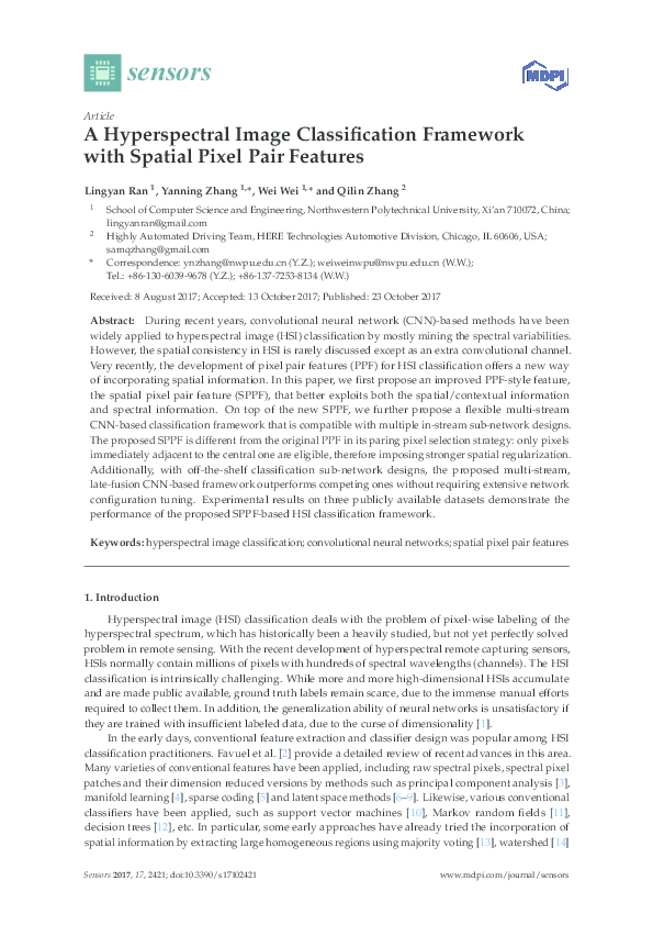 (PDF) A Hyperspectral Image Classification Framework with Spatial Pixel Pair Features