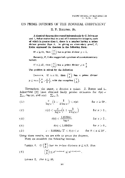 (PDF) On prime divisors of the binomial coefficient