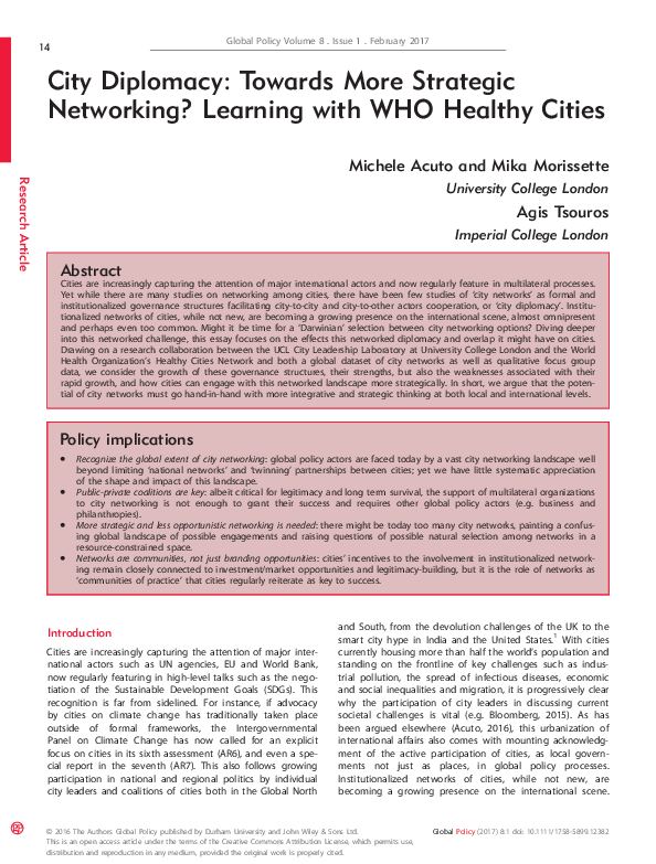 (PDF) City Diplomacy: Towards More Strategic Networking? Learning with ...