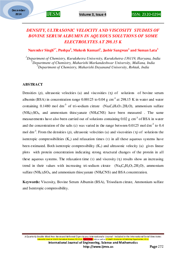 (PDF) DENSITY, ULTRASONIC VELOCITY AND VISCOSITY STUDIES OF BOVINE ...