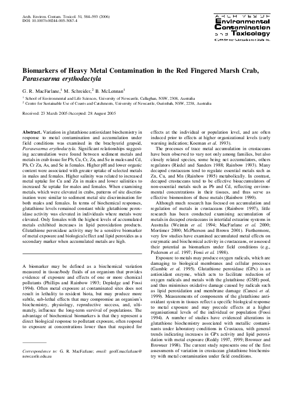 (PDF) Biomarkers of Heavy Metal Contamination in the Red Fingered Marsh ...