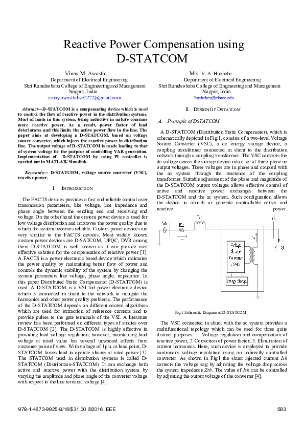 Pdf Reactive Power Compensation Using D Statcom
