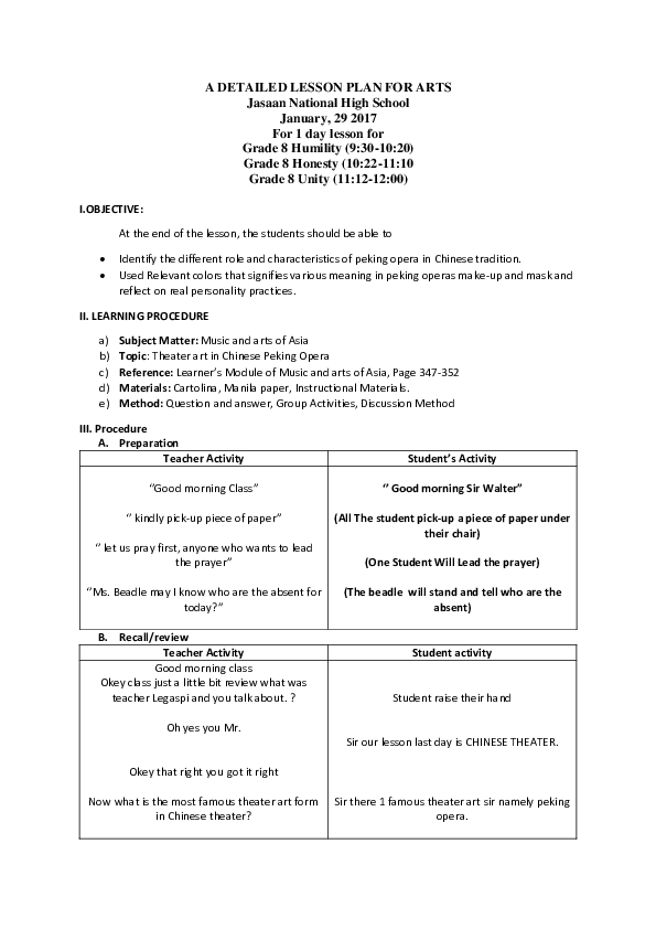 (DOC) A DETAILED LESSON PLAN FOR ARTS Jasaan National High School