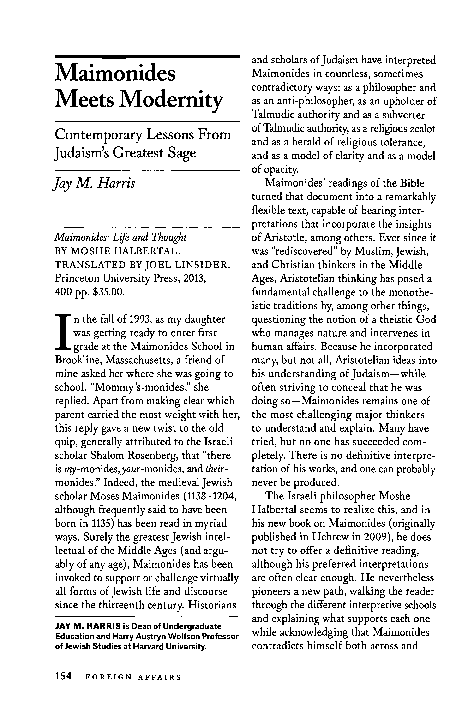 (PDF) Jay M. Harris, “Maimonides Meets Modernity: Contemporary Lessons ...