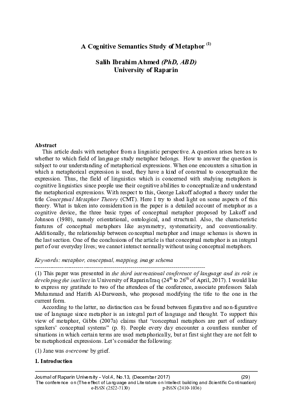 (PDF) A Cognitive Semantics Study of Metaphor (1