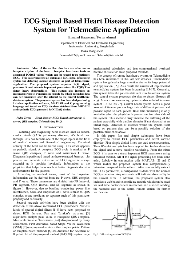 Pdf Ecg Signal Based Heart Disease Detection System For Telemedicine Application