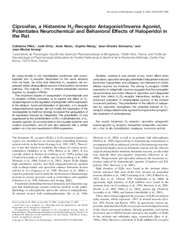 (PDF) Ciproxifan, a histamine H 3 -receptor antagonist/inverse agonist ...