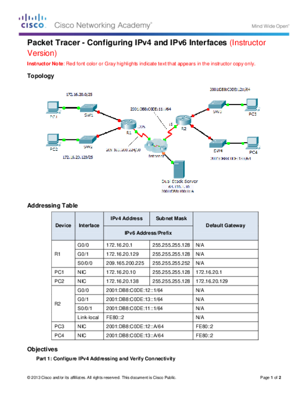 (PDF) Packet Tracer -Configuring IPv4 and IPv6 Interfaces (Instructor Version