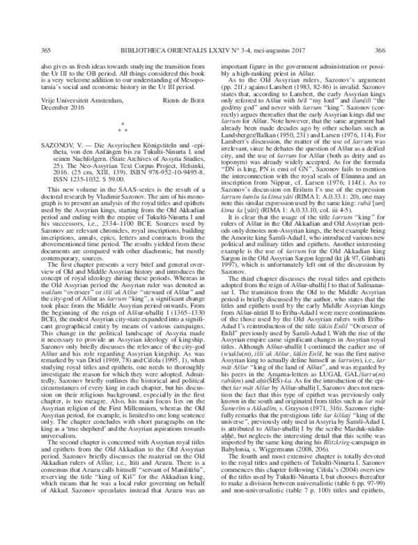 (PDF) 2017: Review of "Die Assyrischen Königstiteln und -epitheta, von ...