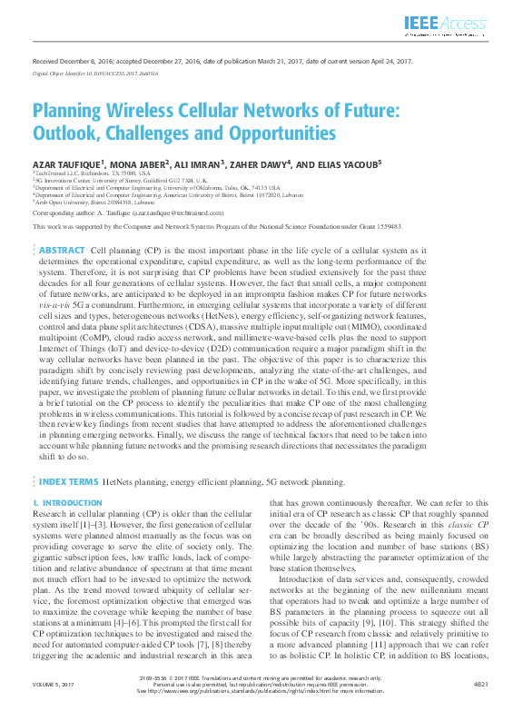(PDF) Planning Wireless Cellular Networks of Future: Outlook, Challenges and Opportunities
