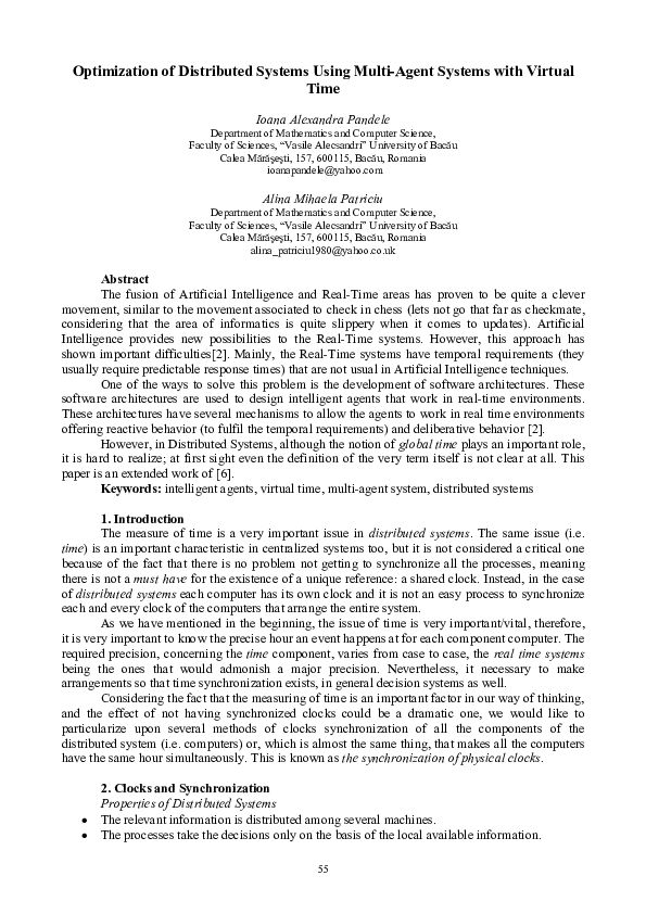 Pdf Optimization Of Distributed Systems Using Multi Agent Systems With Virtual Time