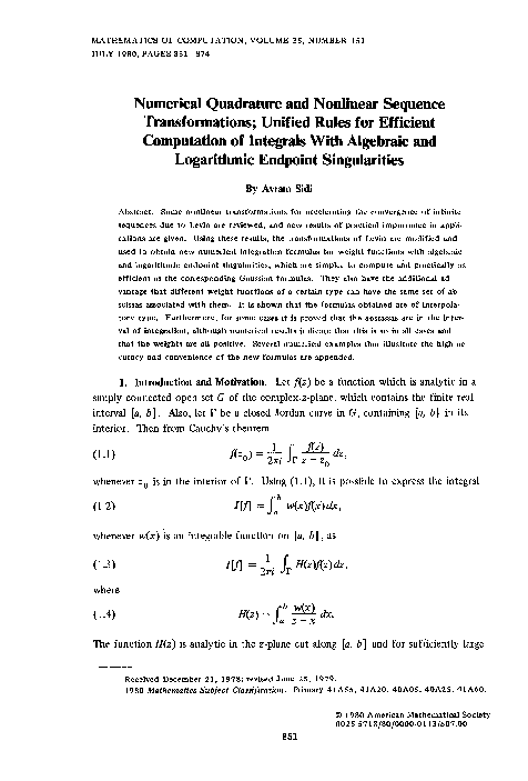 (PDF) A.Sidi, “Numerical quadrature and non-linear sequence transformations; unified rules for ...