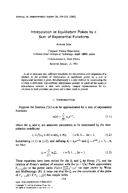 (PDF) A. Sidi, Interpolation at Equidistant Points by a Sum of Exponential Functions