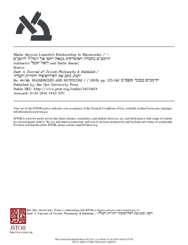 (PDF) Maimonides in Italian Kabbalah in the 18th century: Maimonides ...