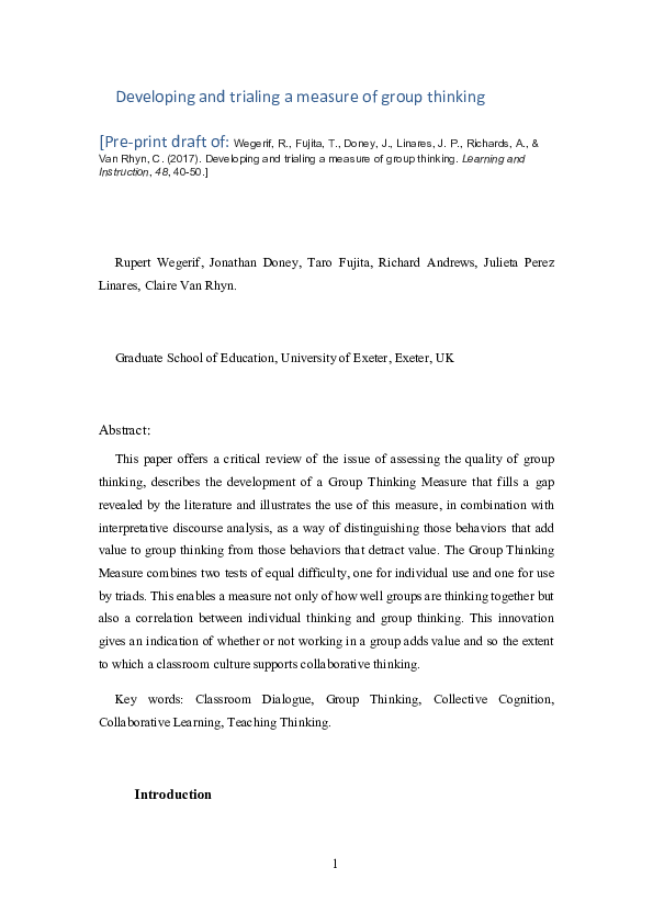 (PDF) Developing and trialing a measure of group thinking [Pre-print ...