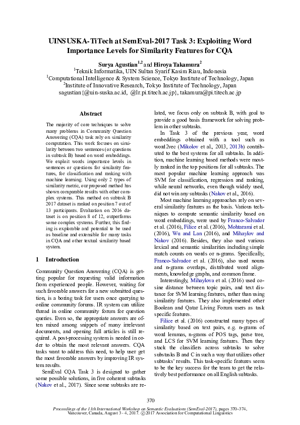 (PDF) UINSUSKA-TiTech at SemEval-2017 Task 3: Exploiting Word Importance Levels for Similarity ...