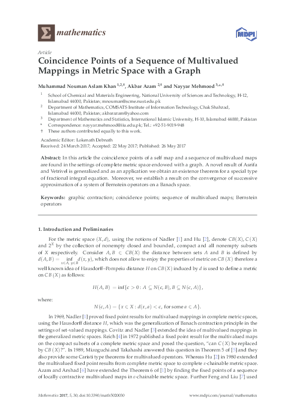 Pdf Mathematics Coincidence Points Of A Sequence Of Multivalued Mappings In Metric Space With