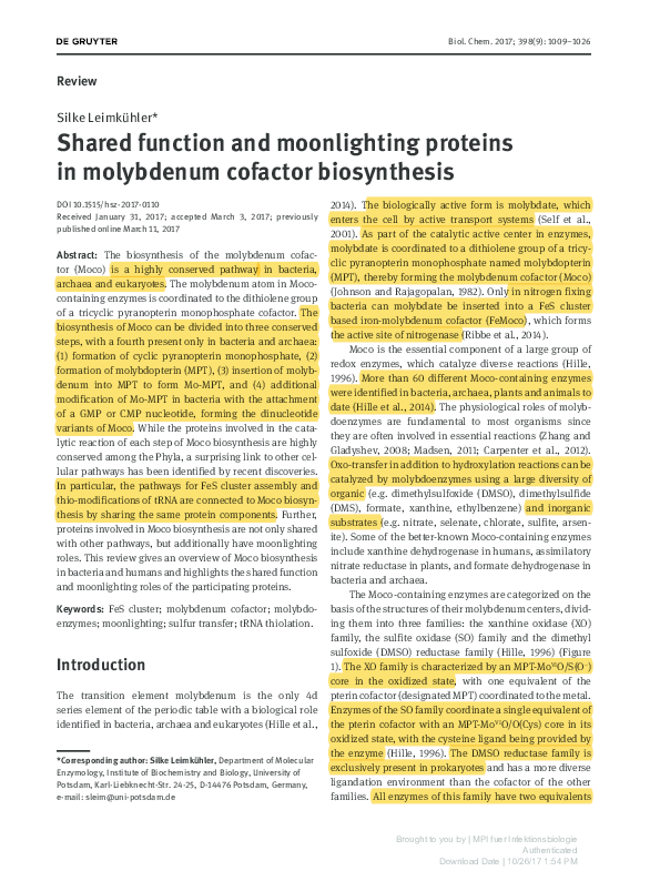 (PDF) Shared function and moonlighting proteins in molybdenum cofactor biosynthesis