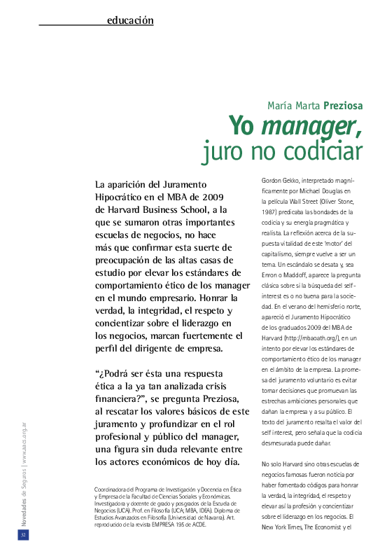 (PDF) Yo, manager, juro no codiciar. On the MBA Hippocratic Oath. 2009
