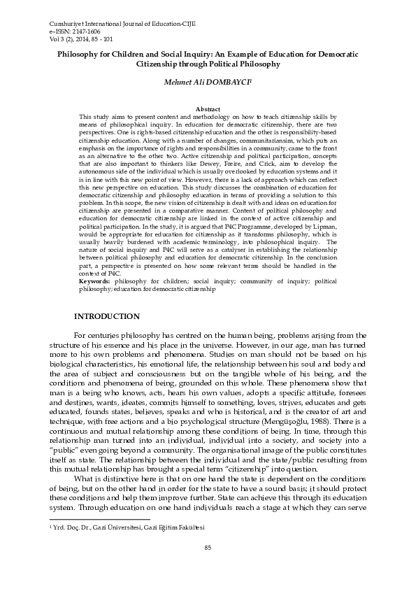 (PDF) Philosophy for Children and Social Inquiry: An Example of ...