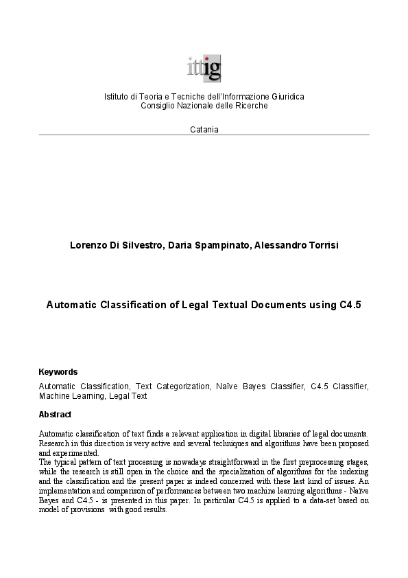 Pdf Automatic Classification Of Legal Textual Documents Using C4 5