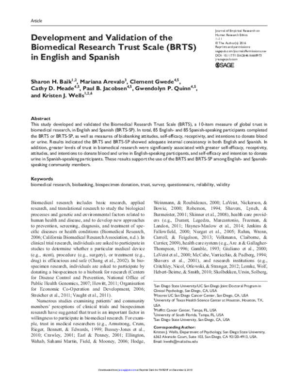 (PDF) Development and validation of the Biomedical Research Trust Scale (BRTS) in English and ...