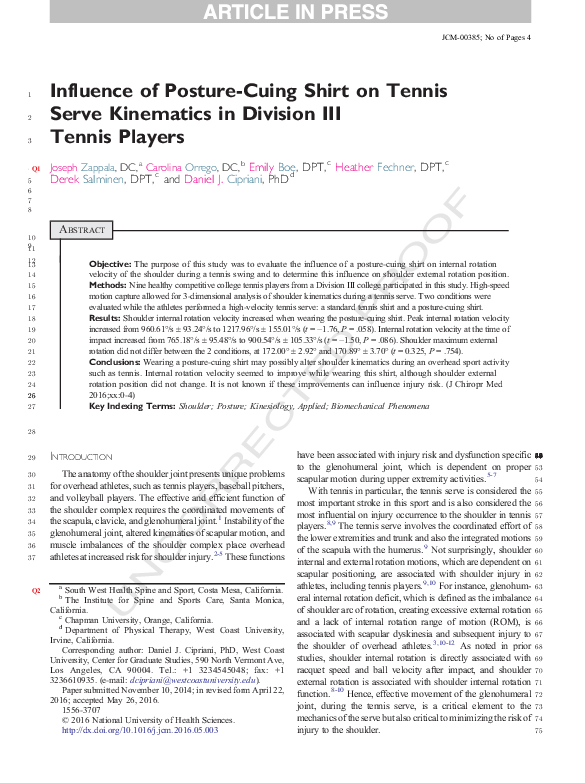 (PDF) Influence of Posture-Cuing Shirt on Tennis Serve Kinematics in ...