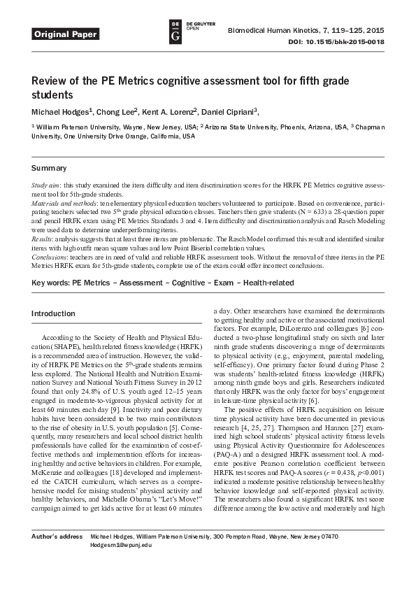 (PDF) Evaluating HRFK PE Metrics Assessment for 5th Graders