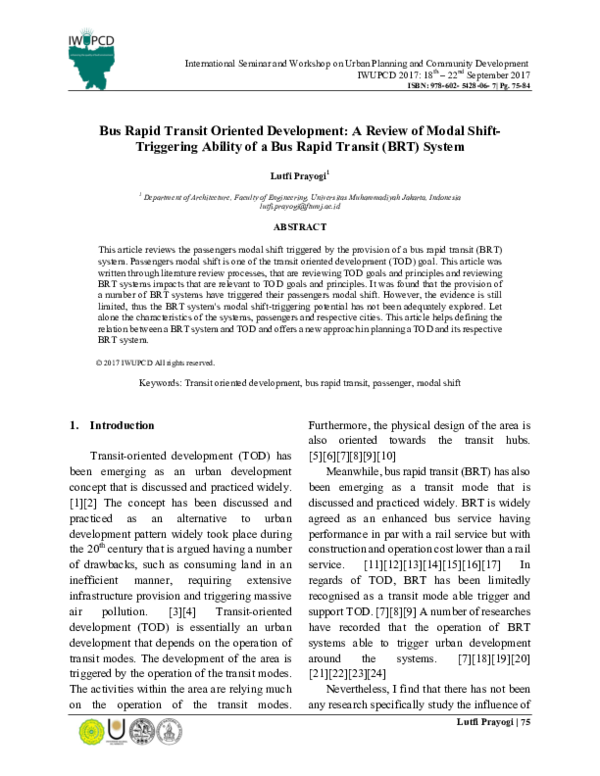 Pdf Bus Rapid Transit Oriented Development A Review Of Modal Shift Triggering Ability Of A
