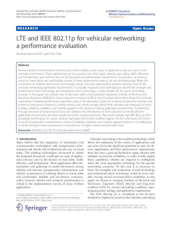 Lte And Ieee 802 11p For Vehicular Networking A Performance Evaluation